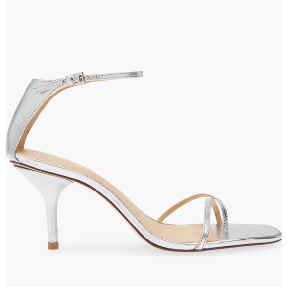 Reformation Gigi Leather Strappy Mid Heel Sandal Silver SZ 10
